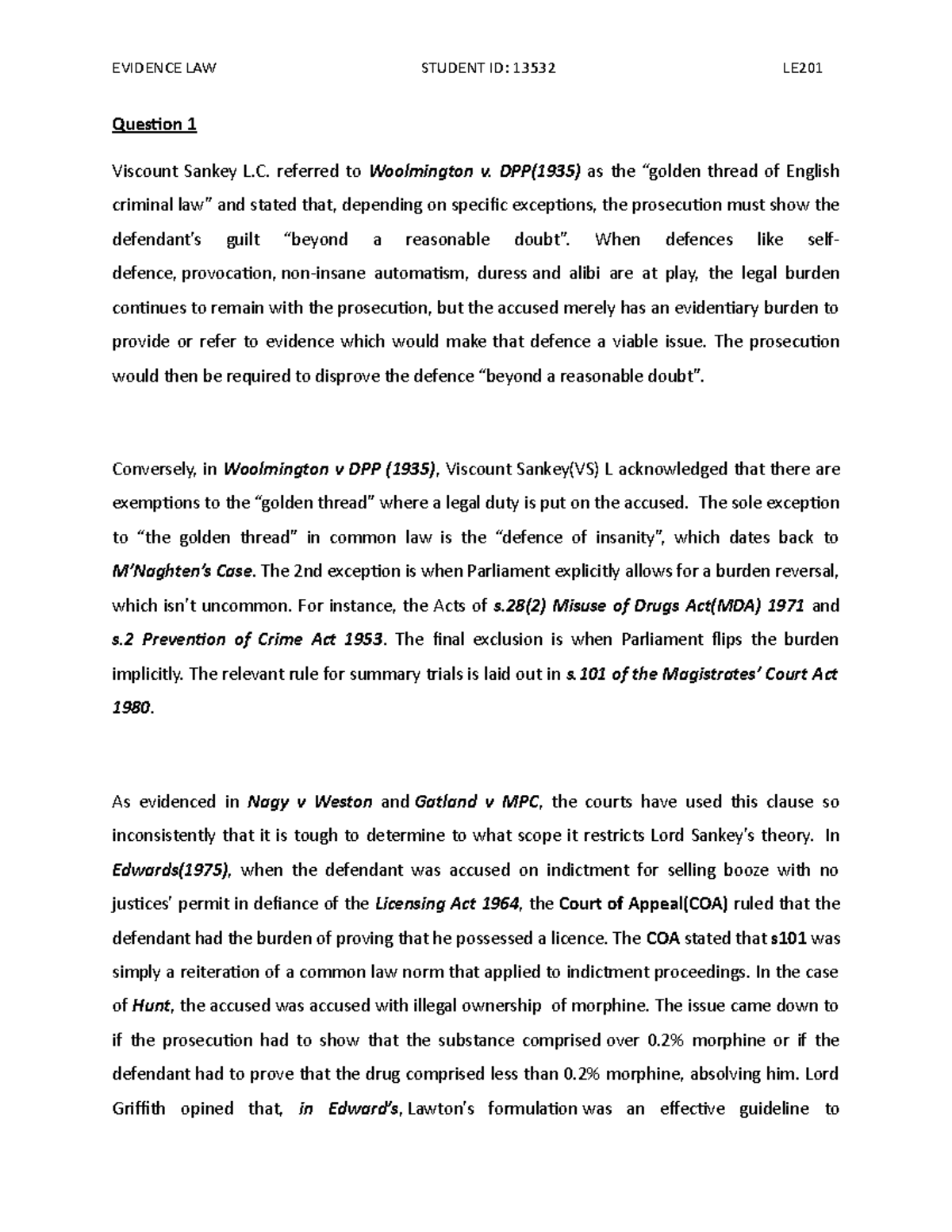 13532 LE201 - Question 1 Viscount Sankey L. referred to Woolmington v ...