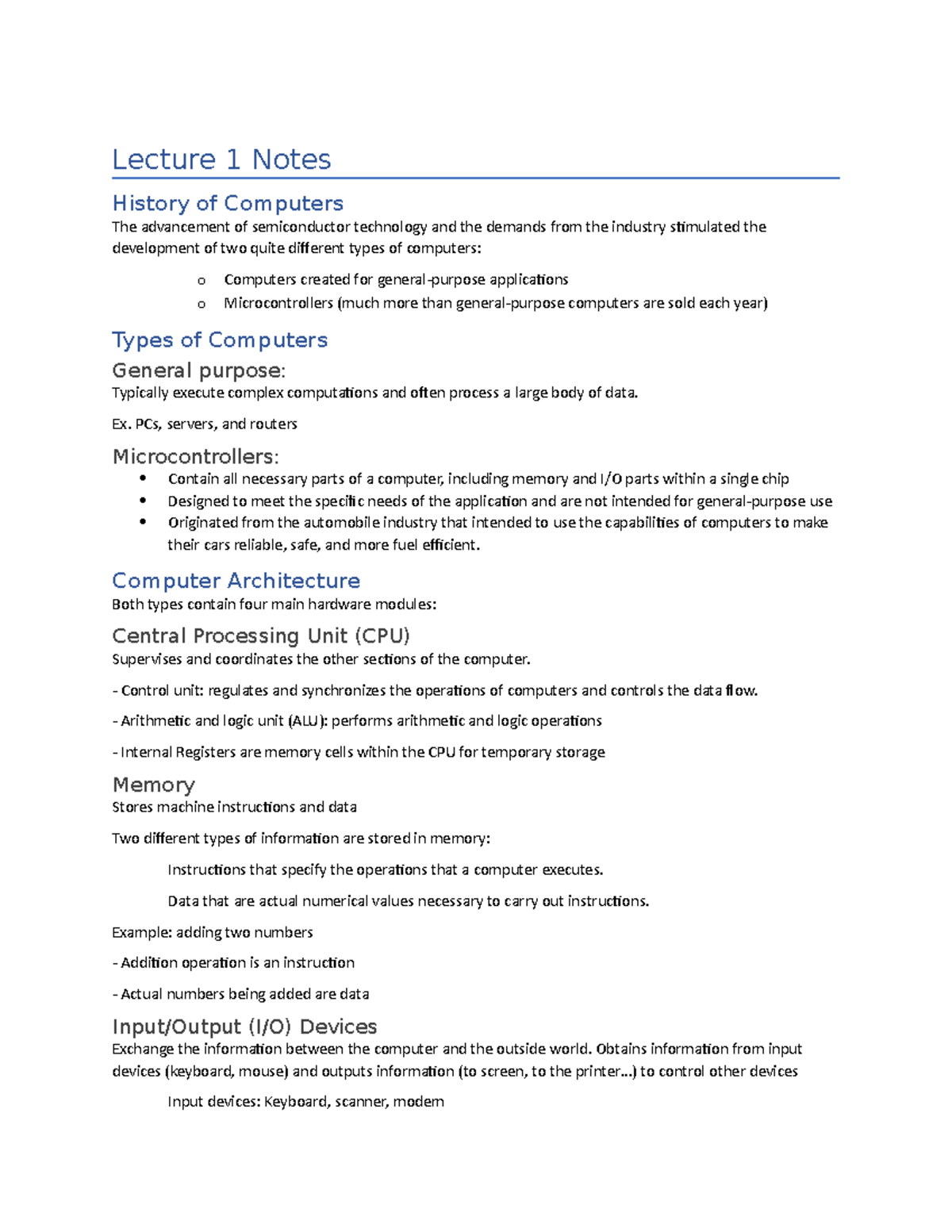 Lecture 1 Notes - Lecture 1 Notes History of Computers The advancement ...