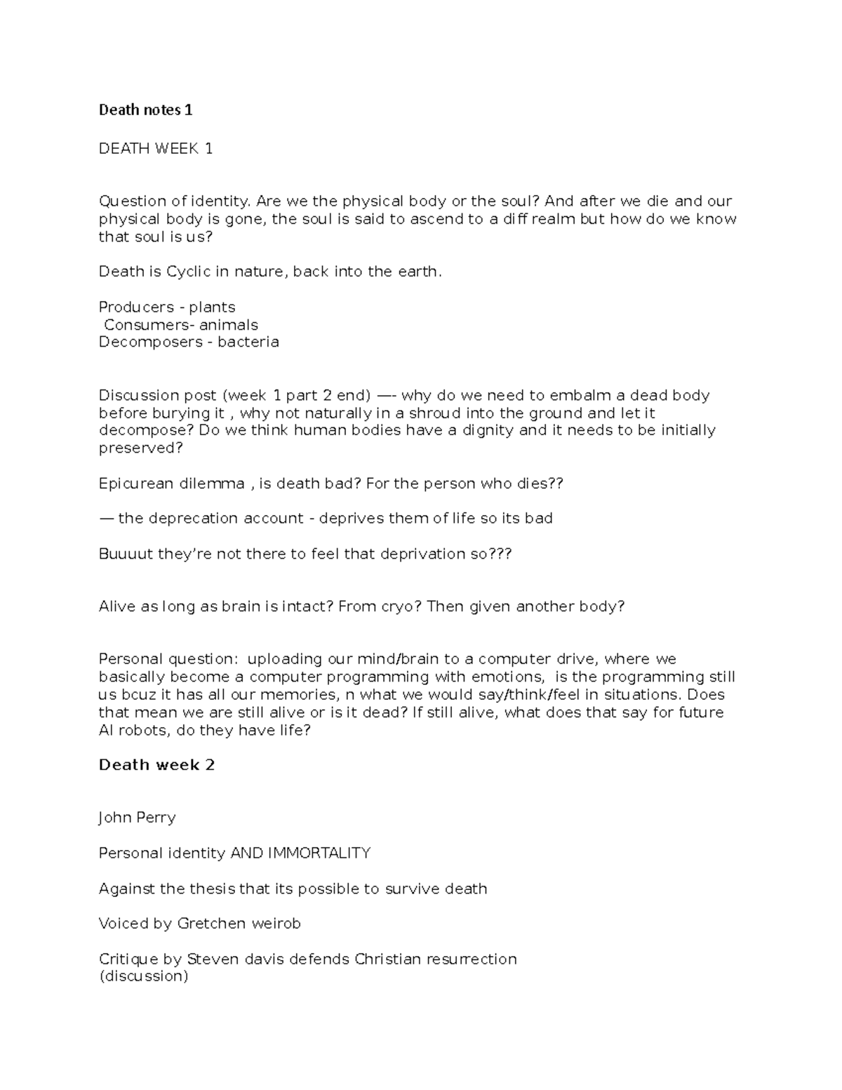 Death notes 1 - Prof J. Penny - Death notes 1 DEATH WEEK 1 Question of ...