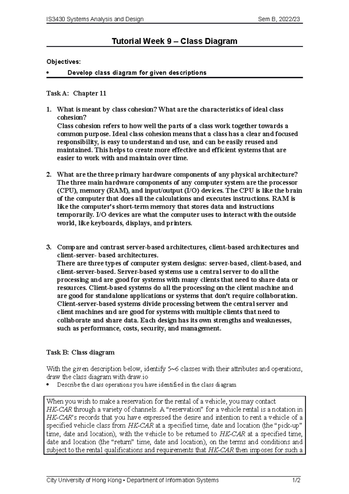 IS3430 Tutorial wk9 2023 - IS3430 Systems Analysis and Design Sem B, 2022/ Tutorial Week 9 ...