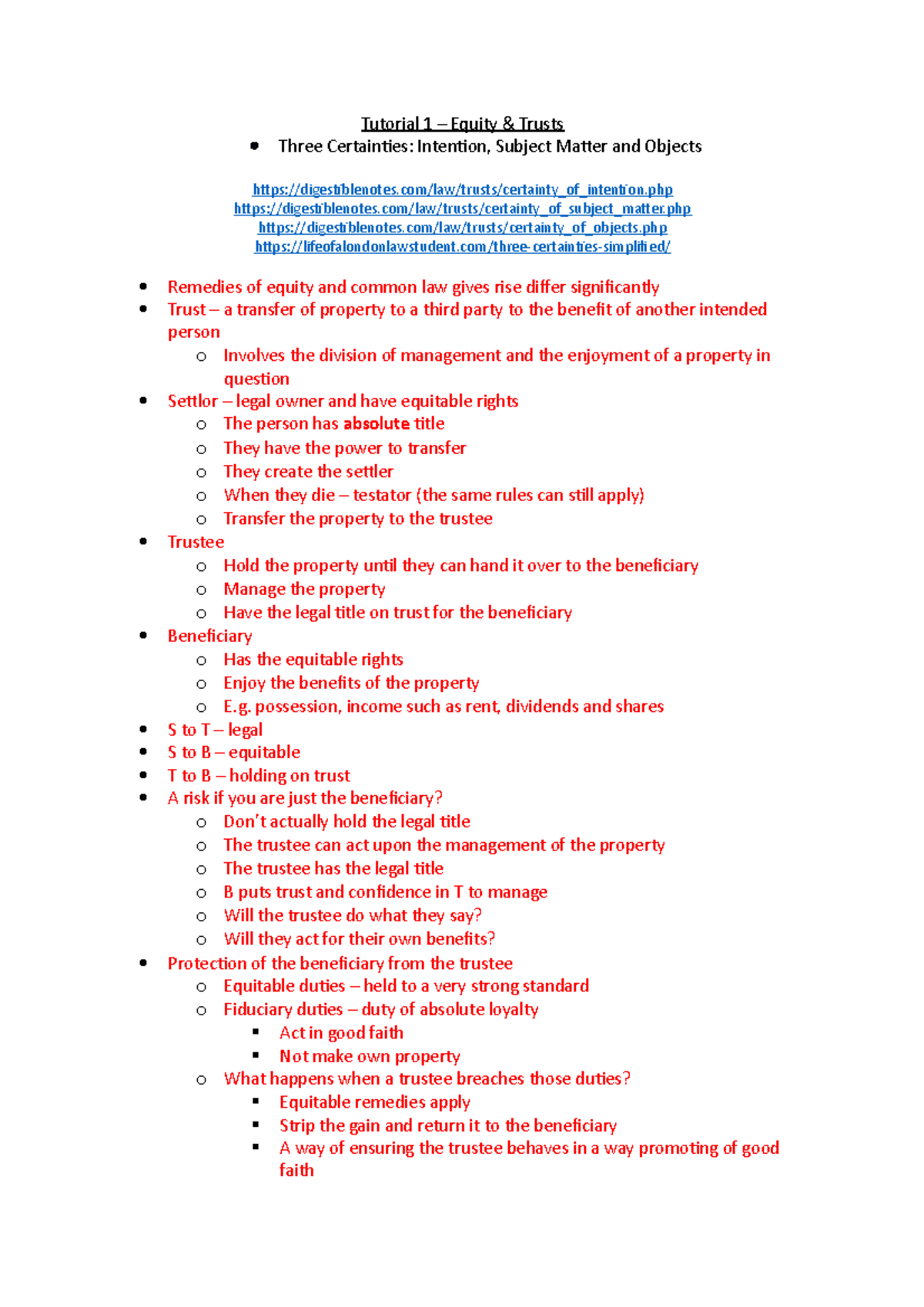 Tutorial 1 Activity - Tutorial 1 – Equity & Trusts Three Certainties ...