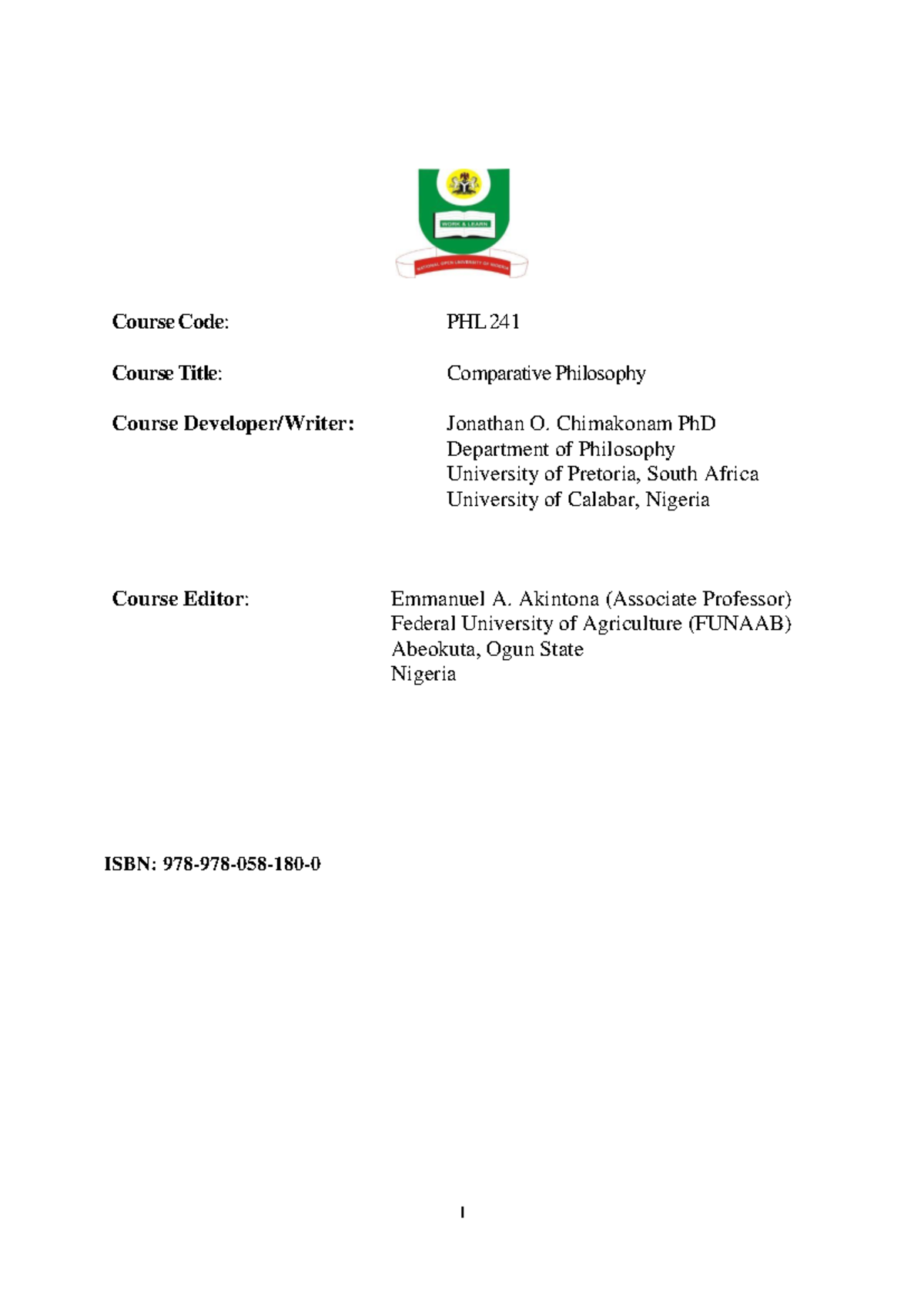 PHL241 - Comparative Philosophy - Course Code: PHL 241 Course Title ...