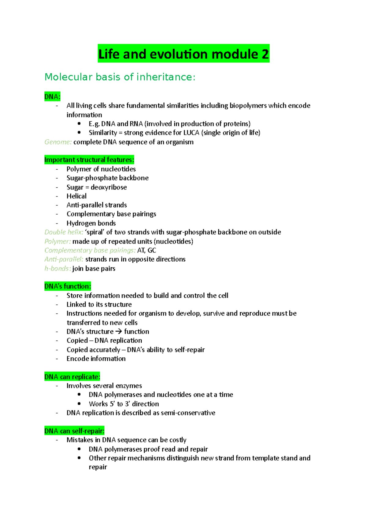 Life and evolution module 2 - DNA and RNA (involved in production of ...