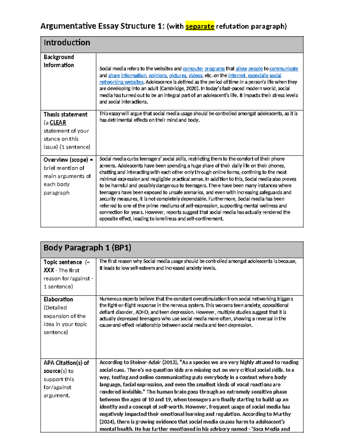 Outline for Argumentative Essay Structure 1 [Suggested] - DO NOT Submit ...