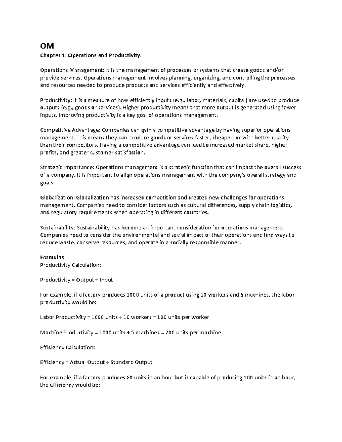 Operations management summary - OM Chapter 1: Operations and Productivity. Operations Management ...