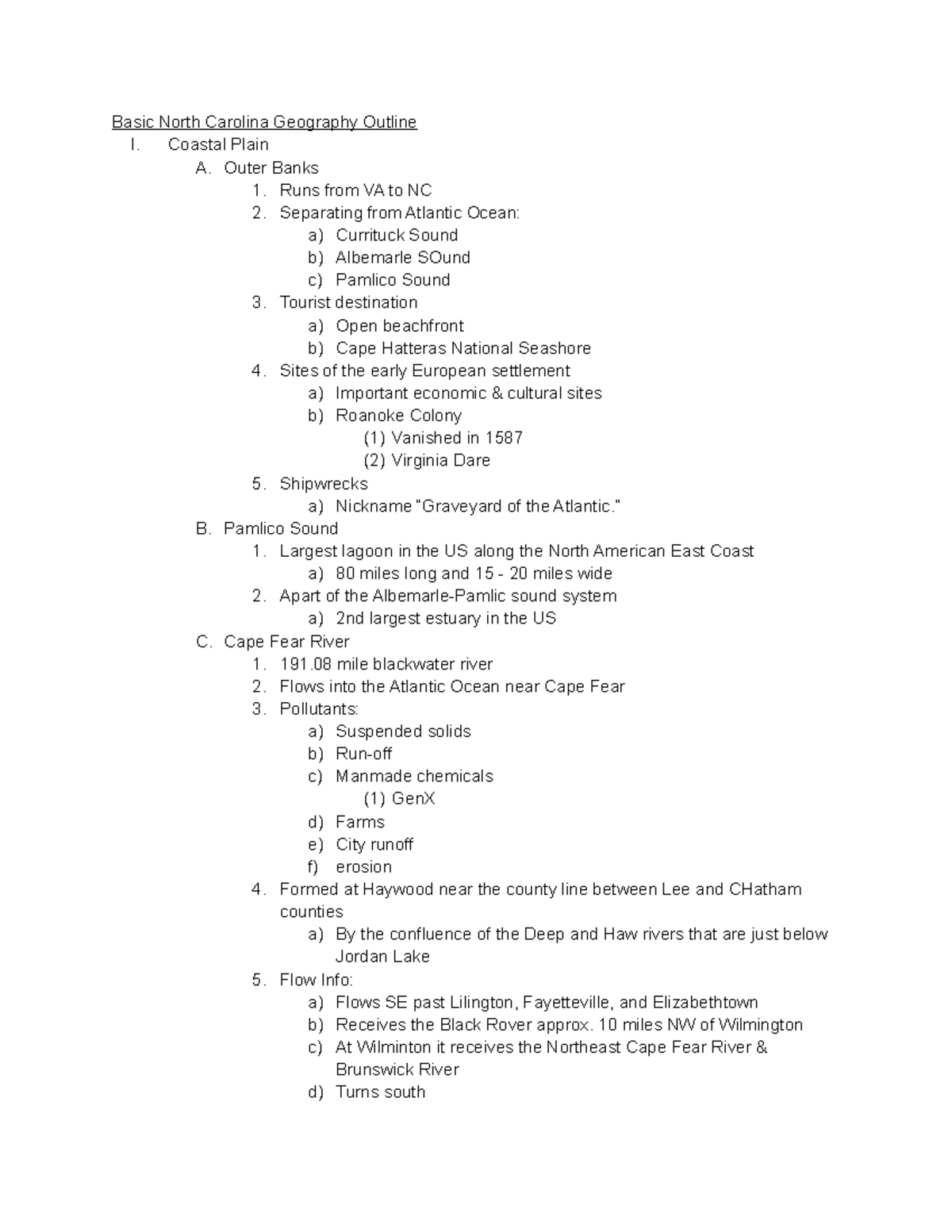 Basic NC Geo. Outline - Basic North Carolina Geography Outline I ...
