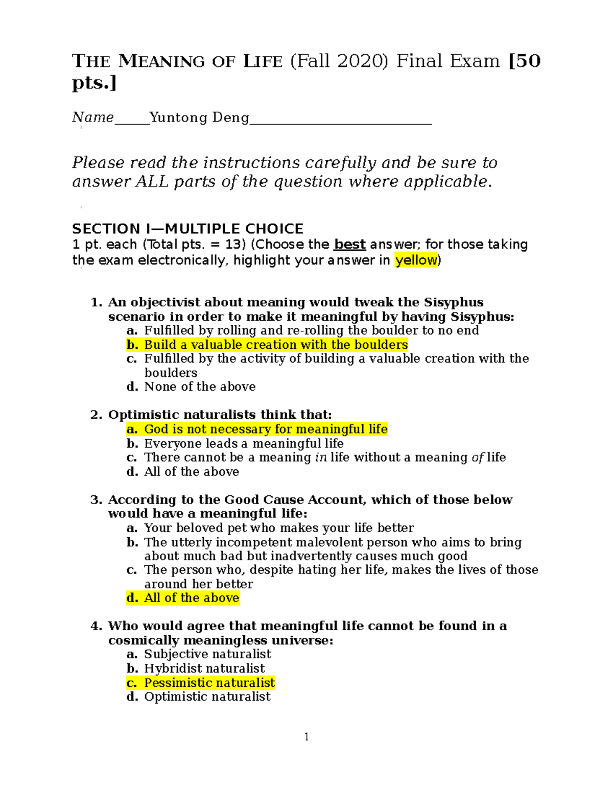 Mof L Final Exam Fall 2020 - THE MEANING OF LIFE (Fall 2020) Final Exam ...