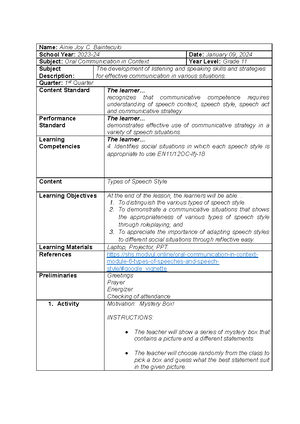 Lesson plan speech-context-l P345LP - Name: Ainie Joy C. Bainteculo ...