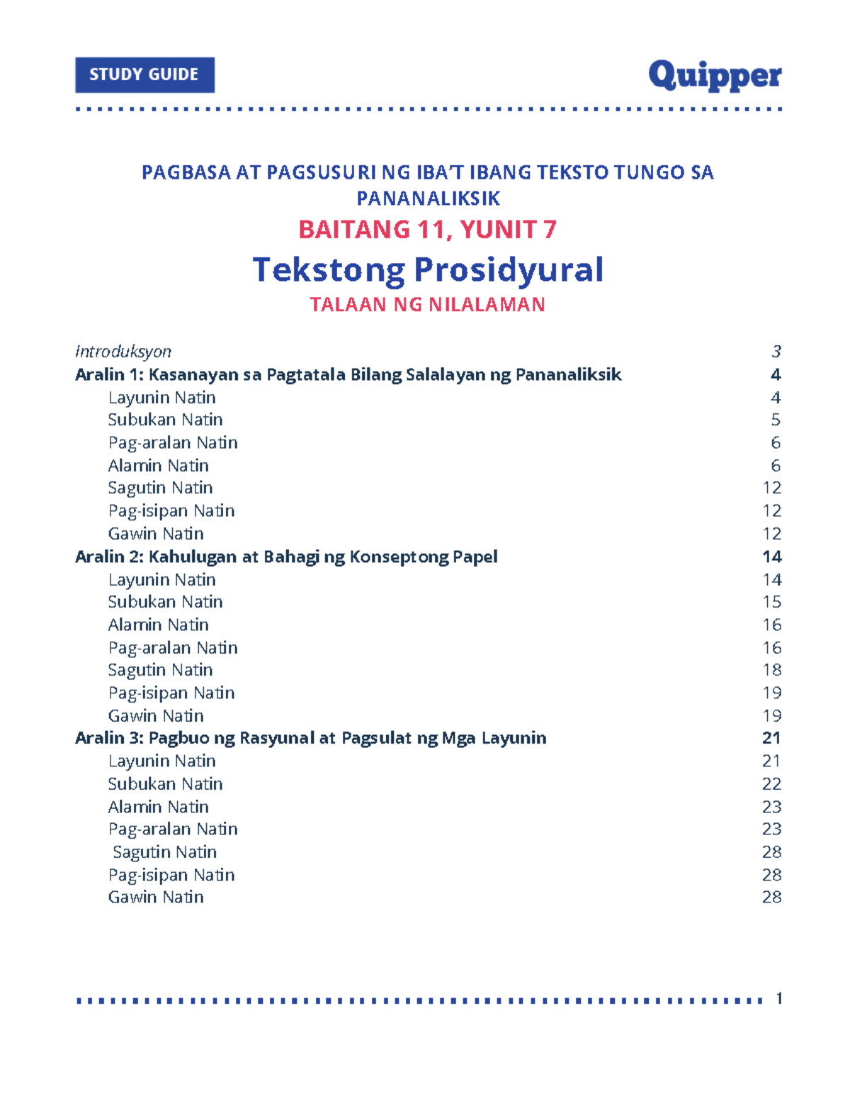 QV FIL Pagbasa U7-1 - Fil notes - PAGBASA AT PAGSUSURI NG IBA’T IBANG ...