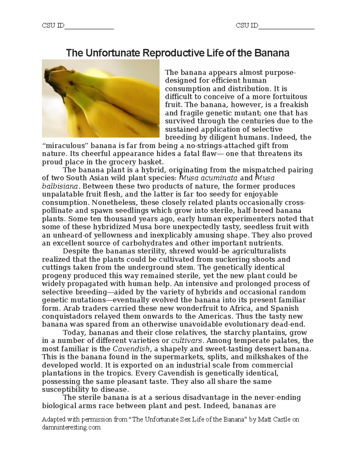 Case Study 3 Bananas Notes - The Unfortunate Reproductive Life of the ...