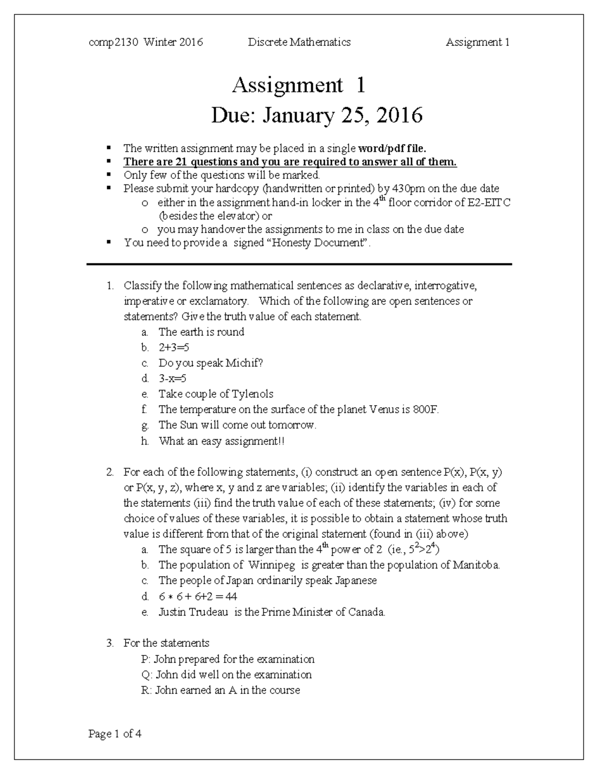 Seminar Assignments Assignment 1 Comp2130 Winter 2016 Discrete Mathematics Assignment 1