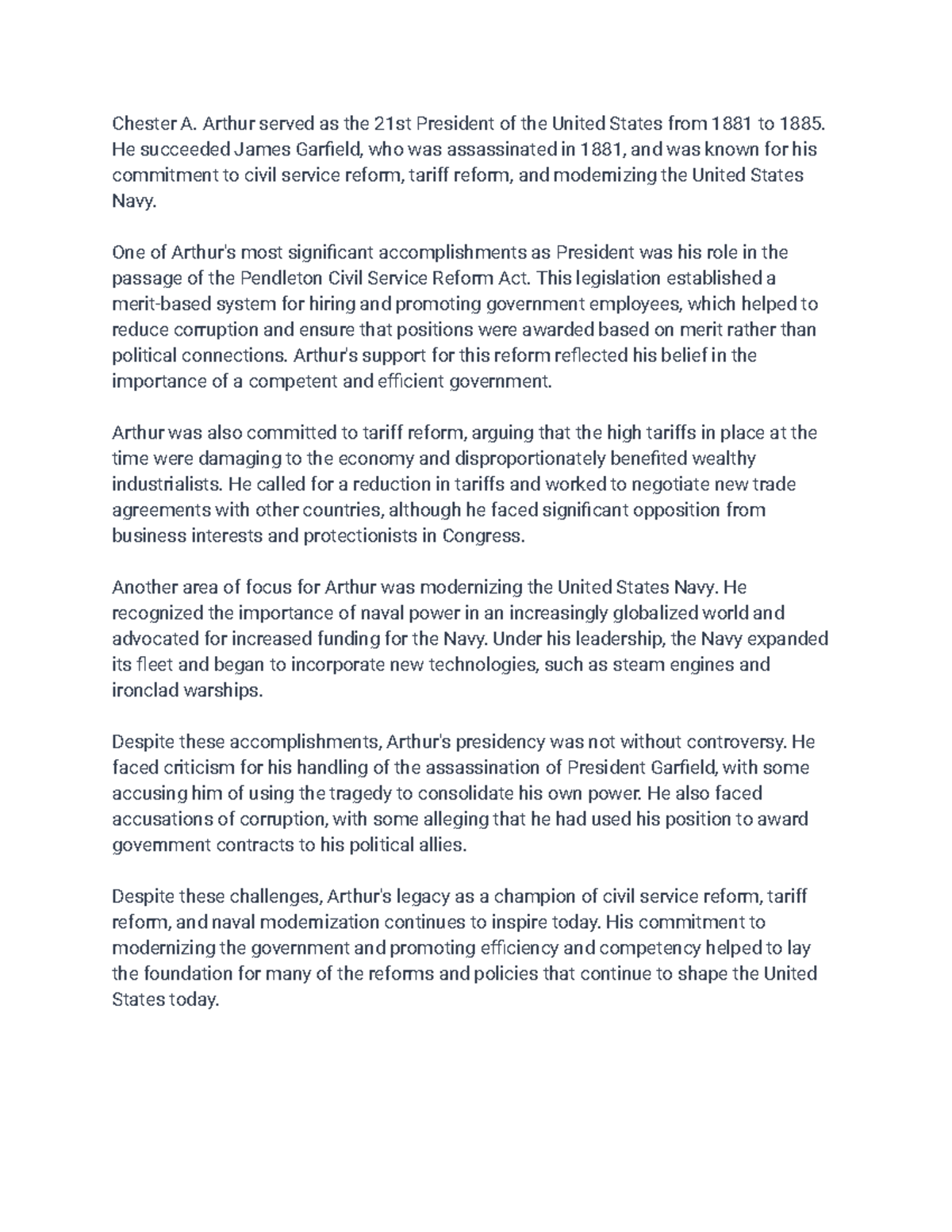 Chester A Auther's Presidency - Chester A. Arthur served as the 21st ...