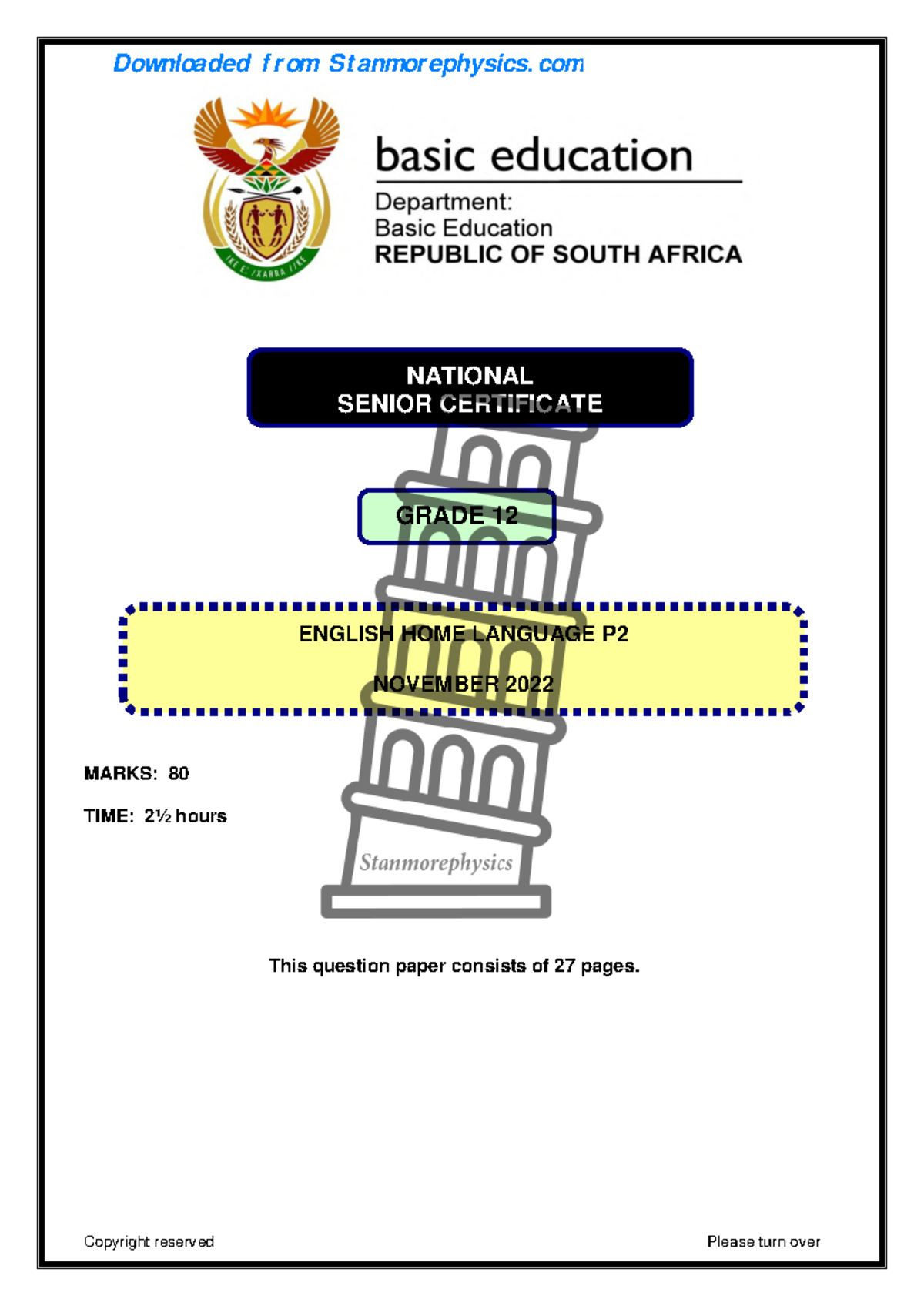 NSC English HL Grade 12 November 2022 P2 and Memo - MARKS: 80 TIME: 2½ ...