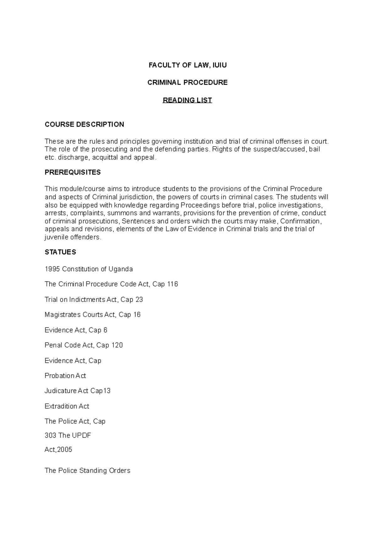 Criminal Procedure Reading List - FACULTY OF LAW, IUIU CRIMINAL ...