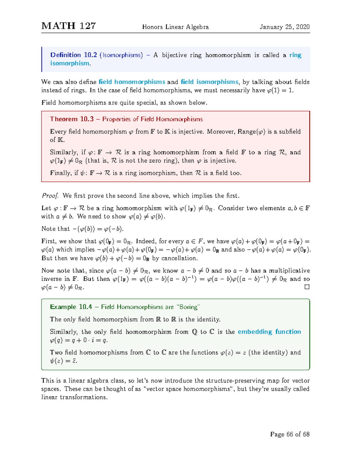 MATH 235-66 - Lecture notes 66 - MATH 127 Honors Linear Algebra January ...