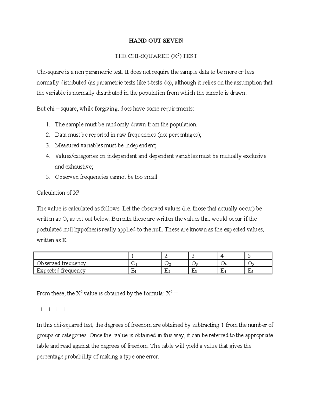 HAND OUT Seven - Notes biostatistics - HAND OUT SEVEN THE CHI-SQUARED ...