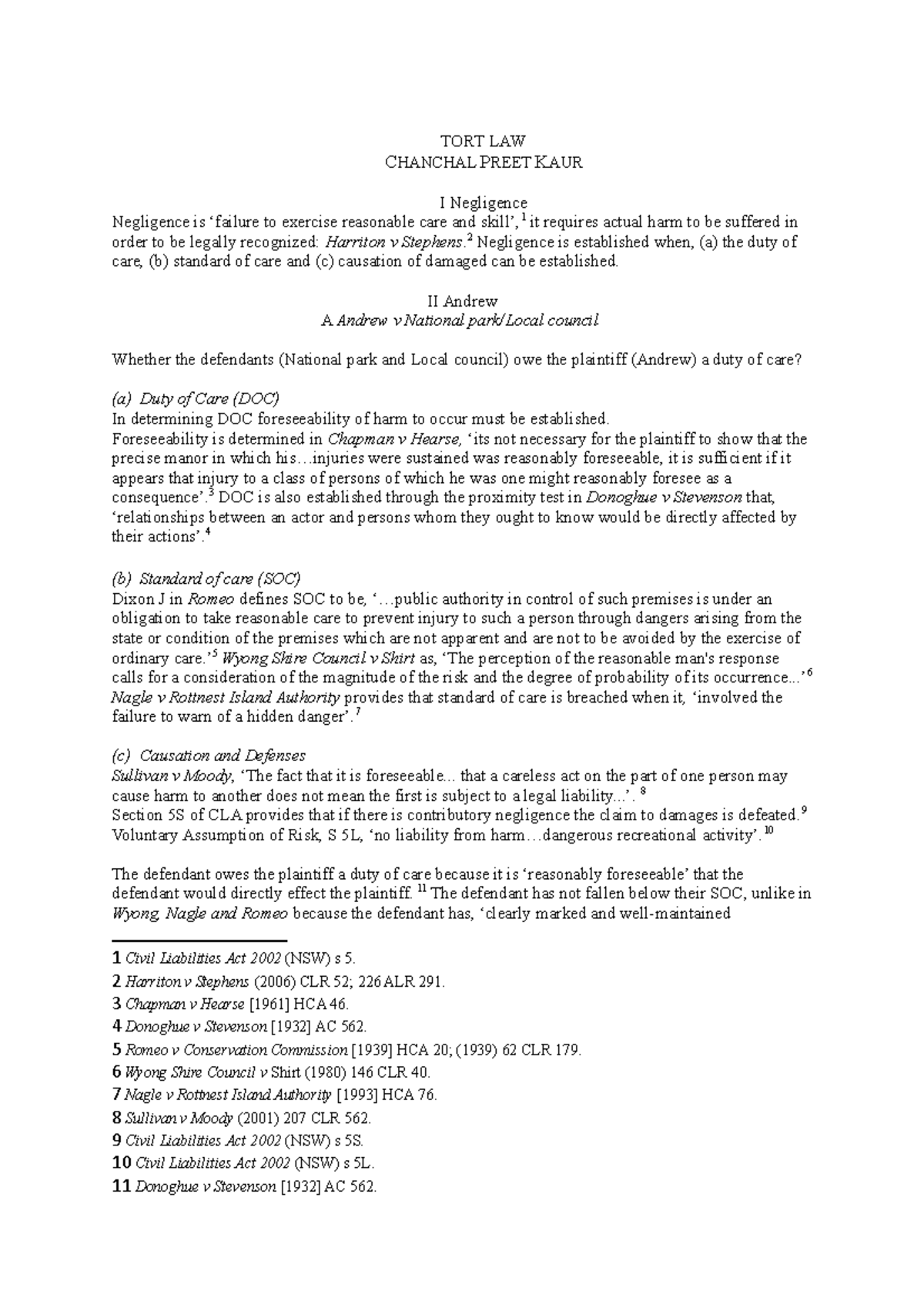 Answers to Tort Law Questions - TORT LAW CHANCHAL PREET KAUR I ...