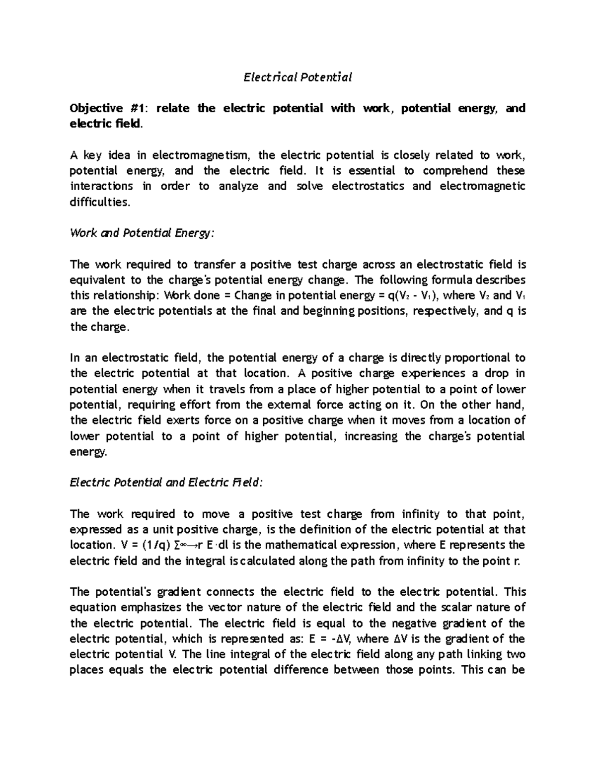 Electrical-Potential - Electrical Potential Objective #1: relate the ...