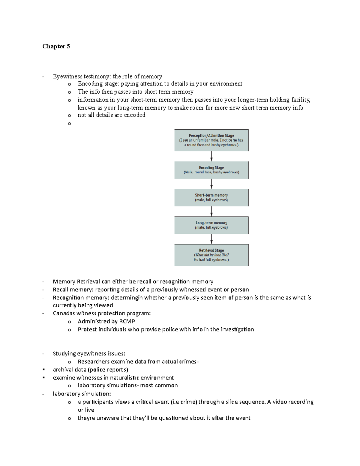 psychology 2032 midterm 2 notes - Chapter 5 Eyewitness Testimo ...