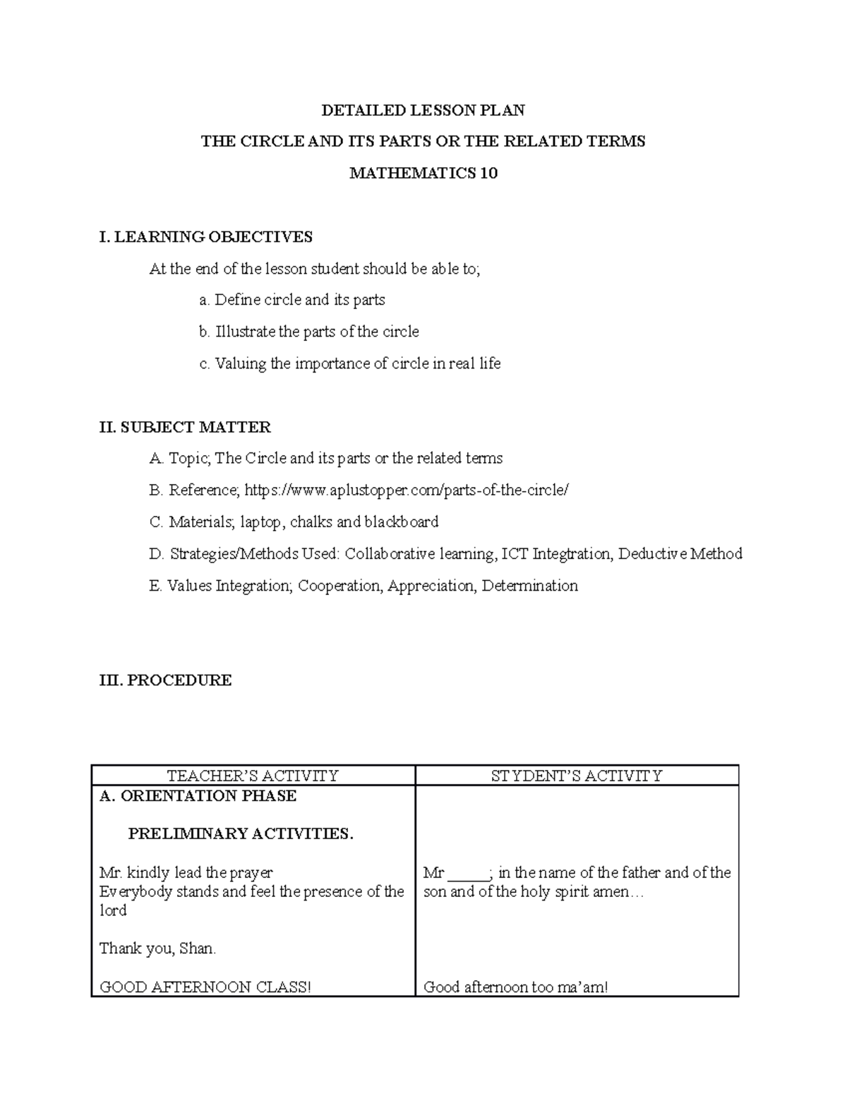 Detailed Lesson PLAN (circle) - DETAILED LESSON PLAN THE CIRCLE AND ITS ...