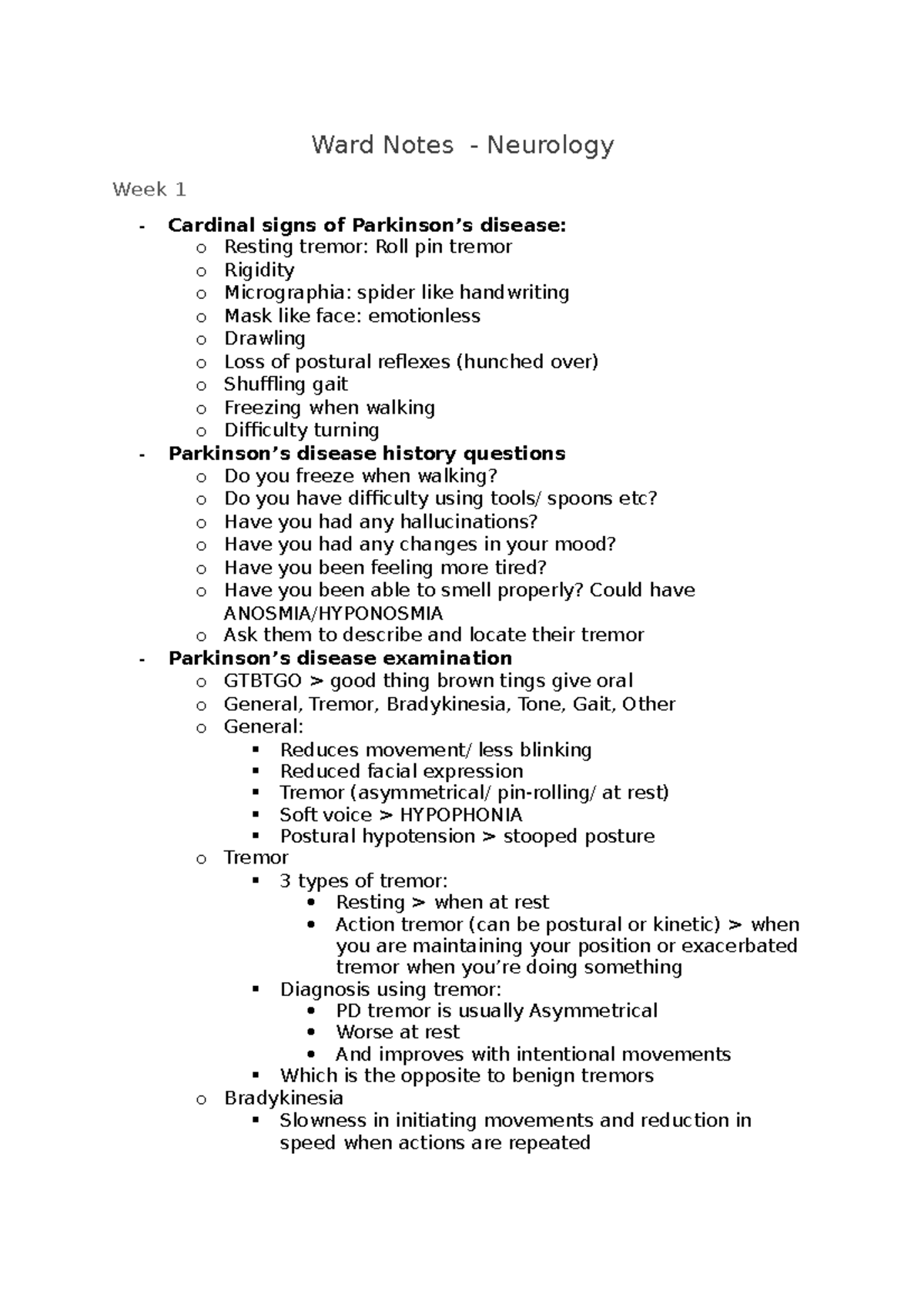 Nervous System Ward Notes - Ward Notes - Neurology Week 1 - Cardinal ...