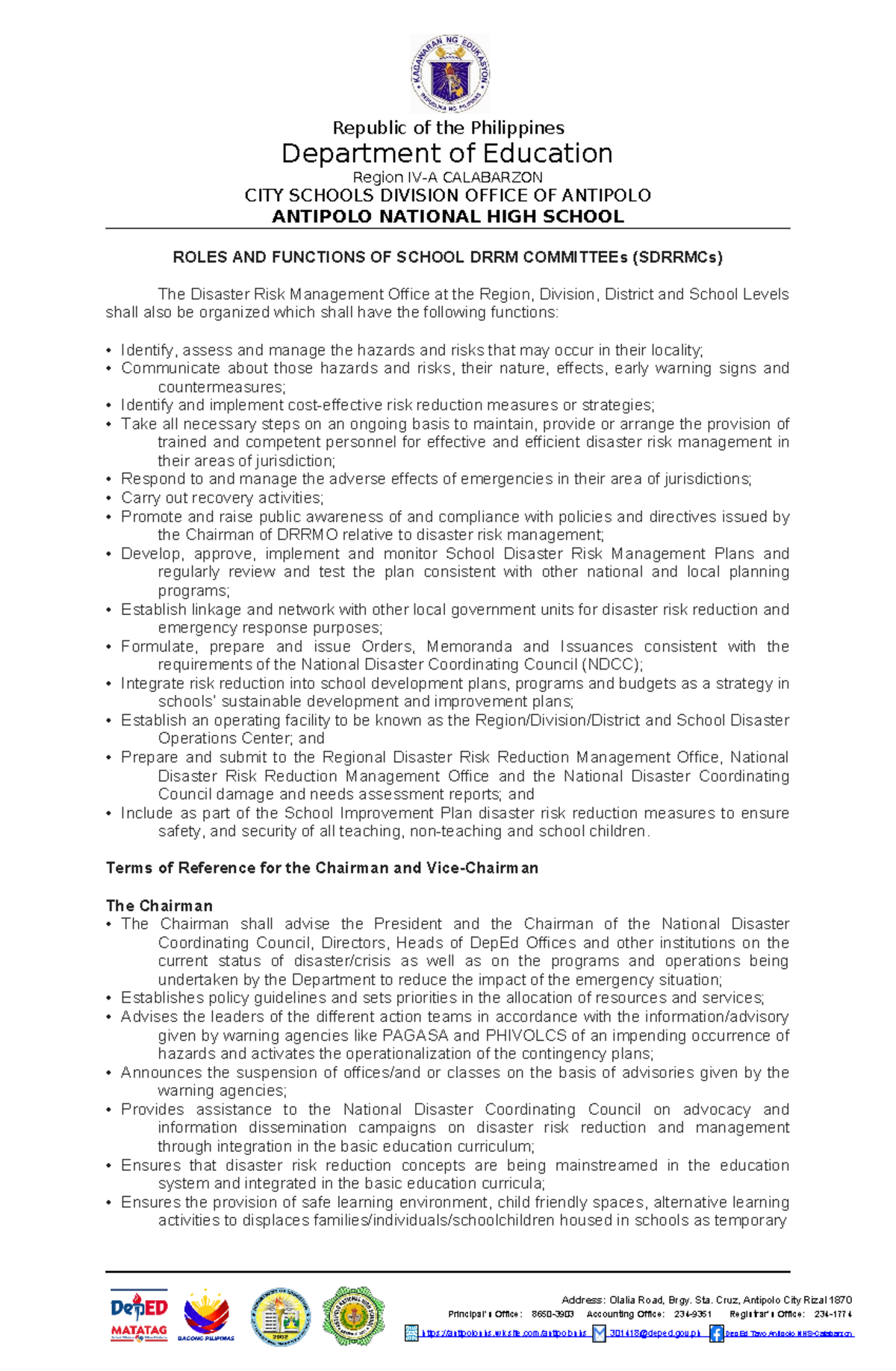 Roles and FUnctions of Sdrrm Team-Heads - Address: Olalia Road, Brgy ...