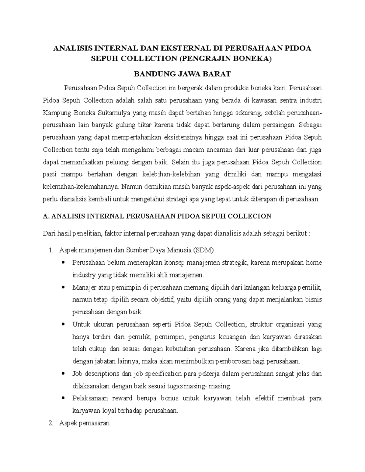 Analisis Internal DAN Eksternal DI Perusahaan Pidoa Sepuh Collection ...