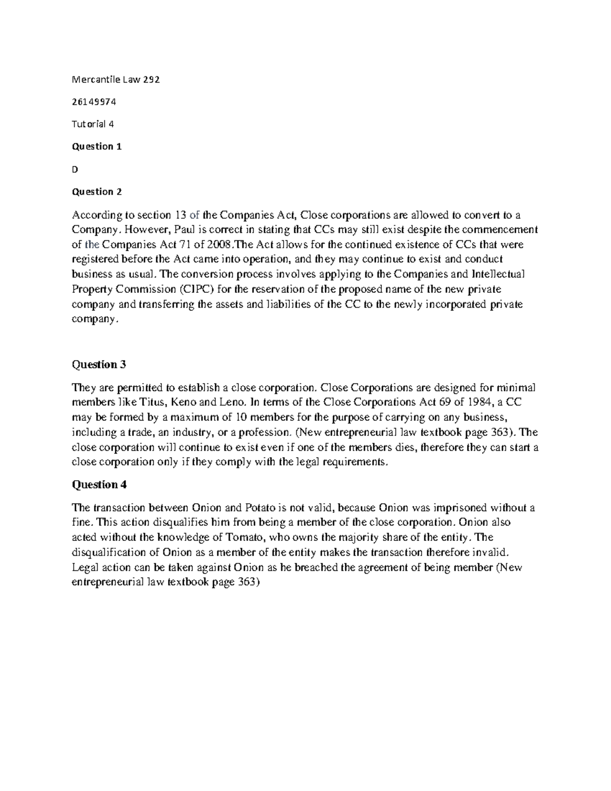 Document 5 - tutorial - Mercantile Law 292 26149974 Tutorial 4 Question ...