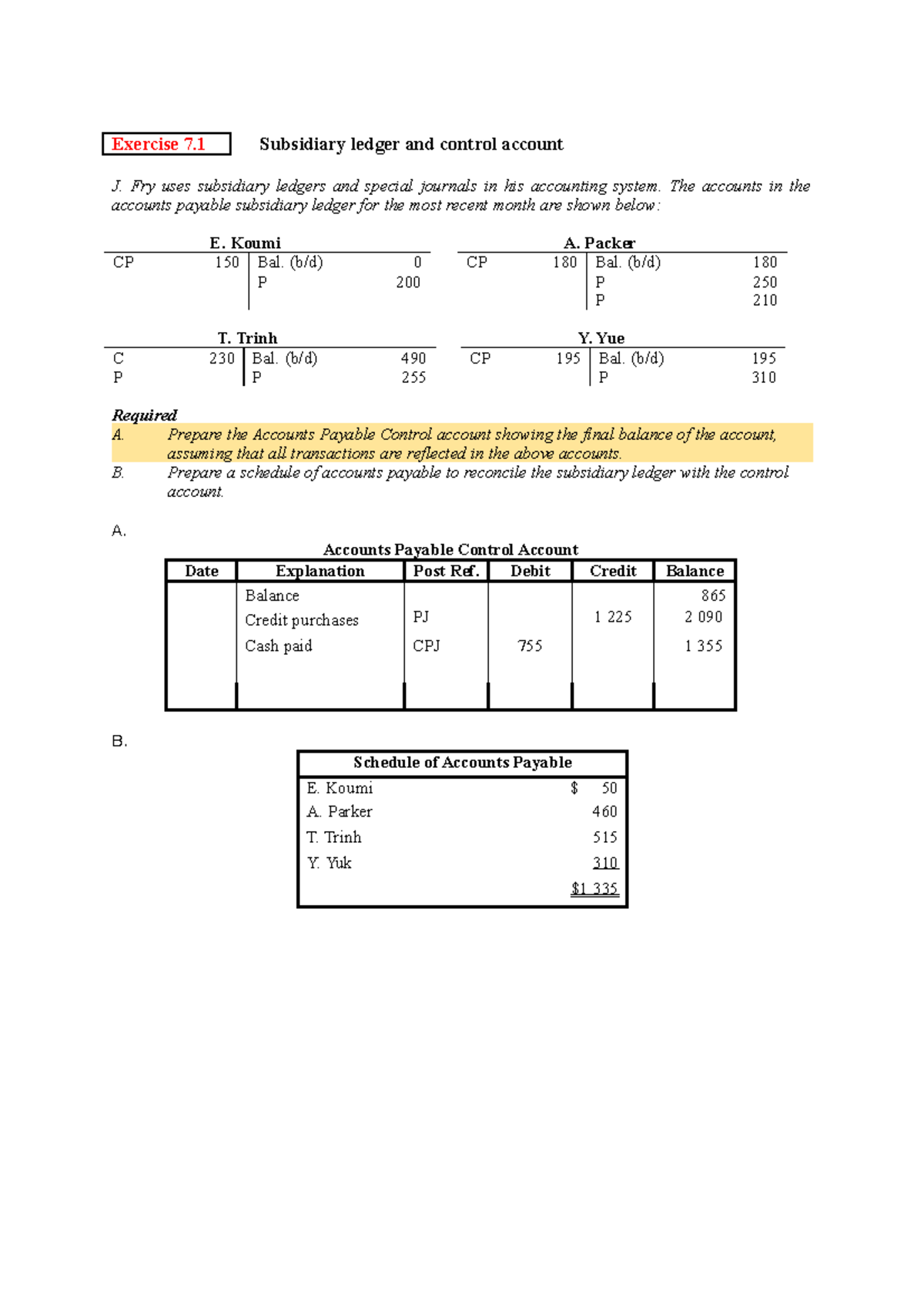 Chapter 7 Exercises Problems - Exercise 7 Subsidiary ledger and control account J. Fry uses ...