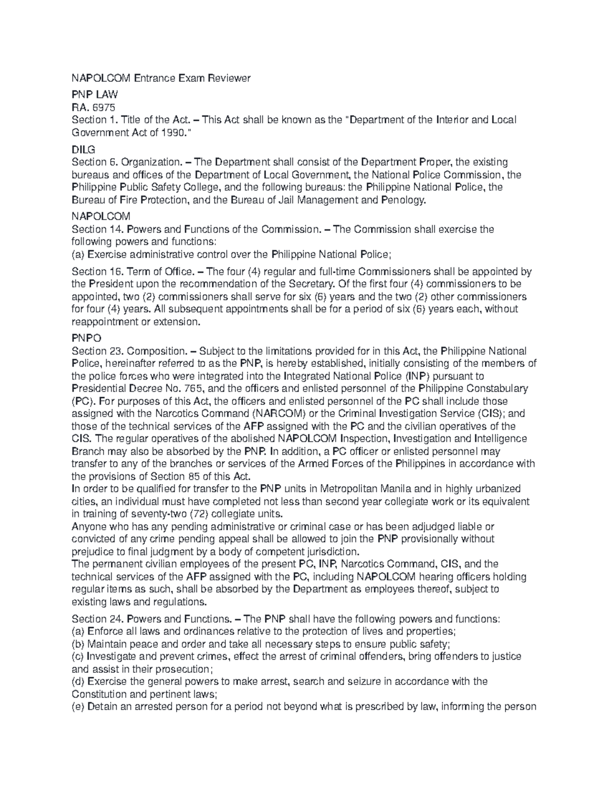 Napolcom Pointers - NAPOLCOM Entrance Exam Reviewer PNP LAW RA. 6975 ...