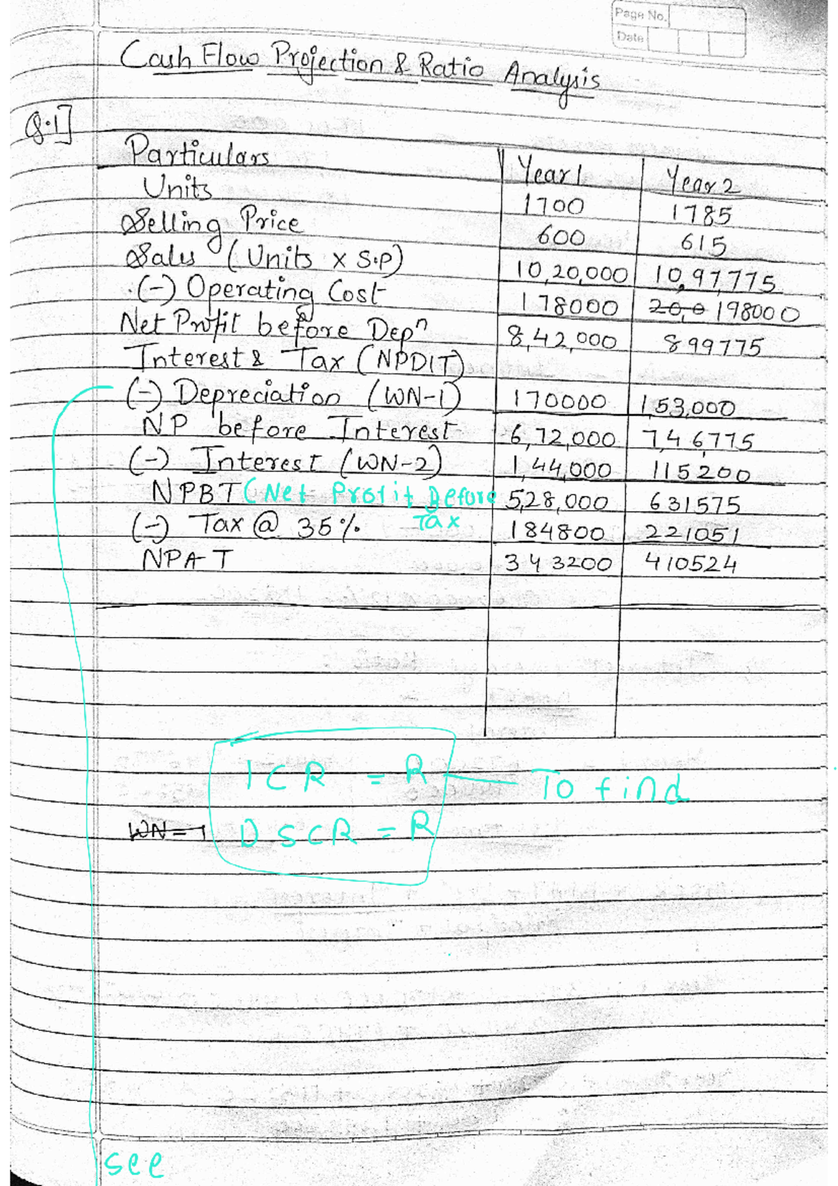 Cash flow imp - Noes - Page No. Date Cash Flow Projection Ratio Analysis Particulars Units Year ...