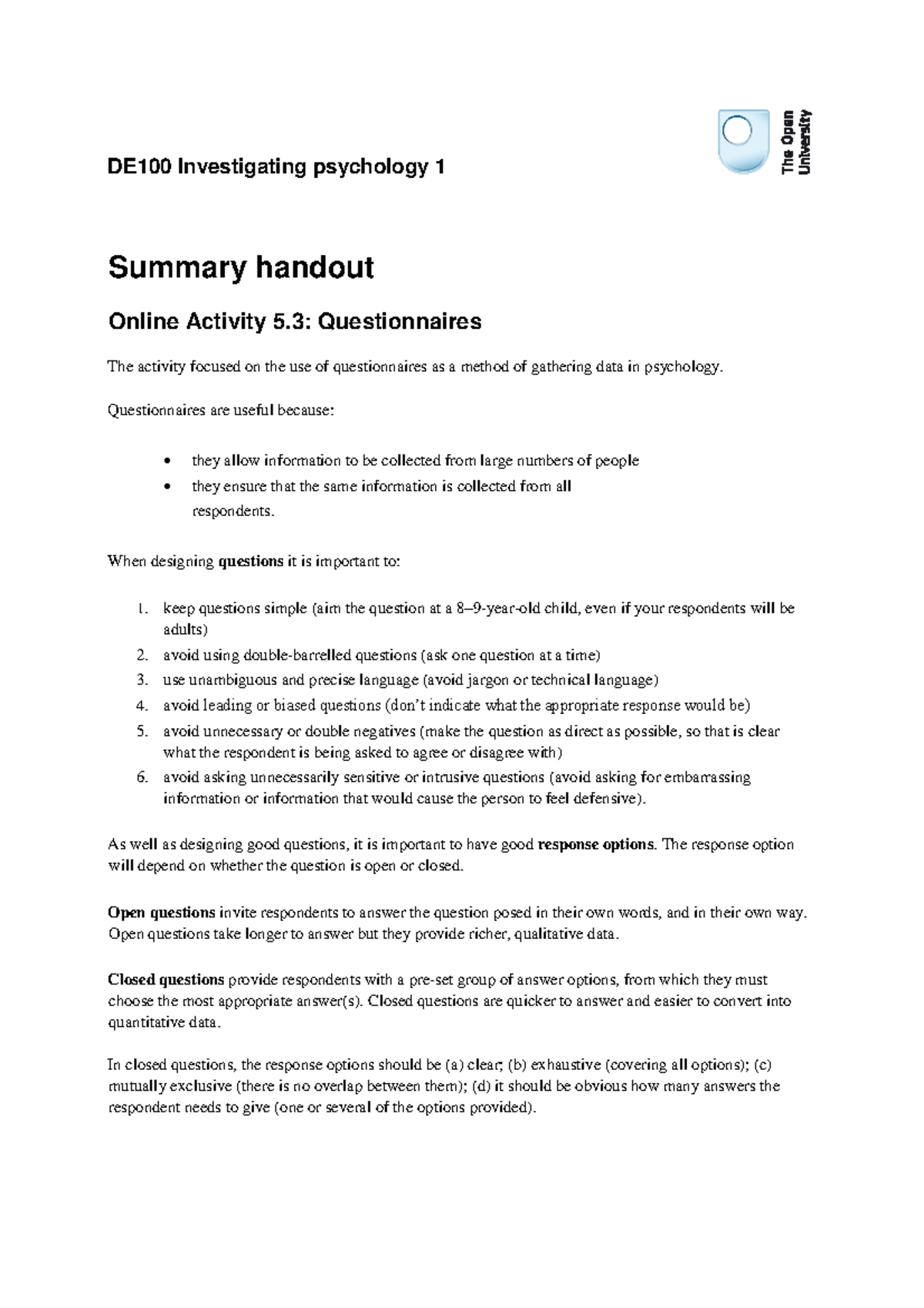 De100 online-activity-6-3-handout - DE100 Investigating psychology 1 ...
