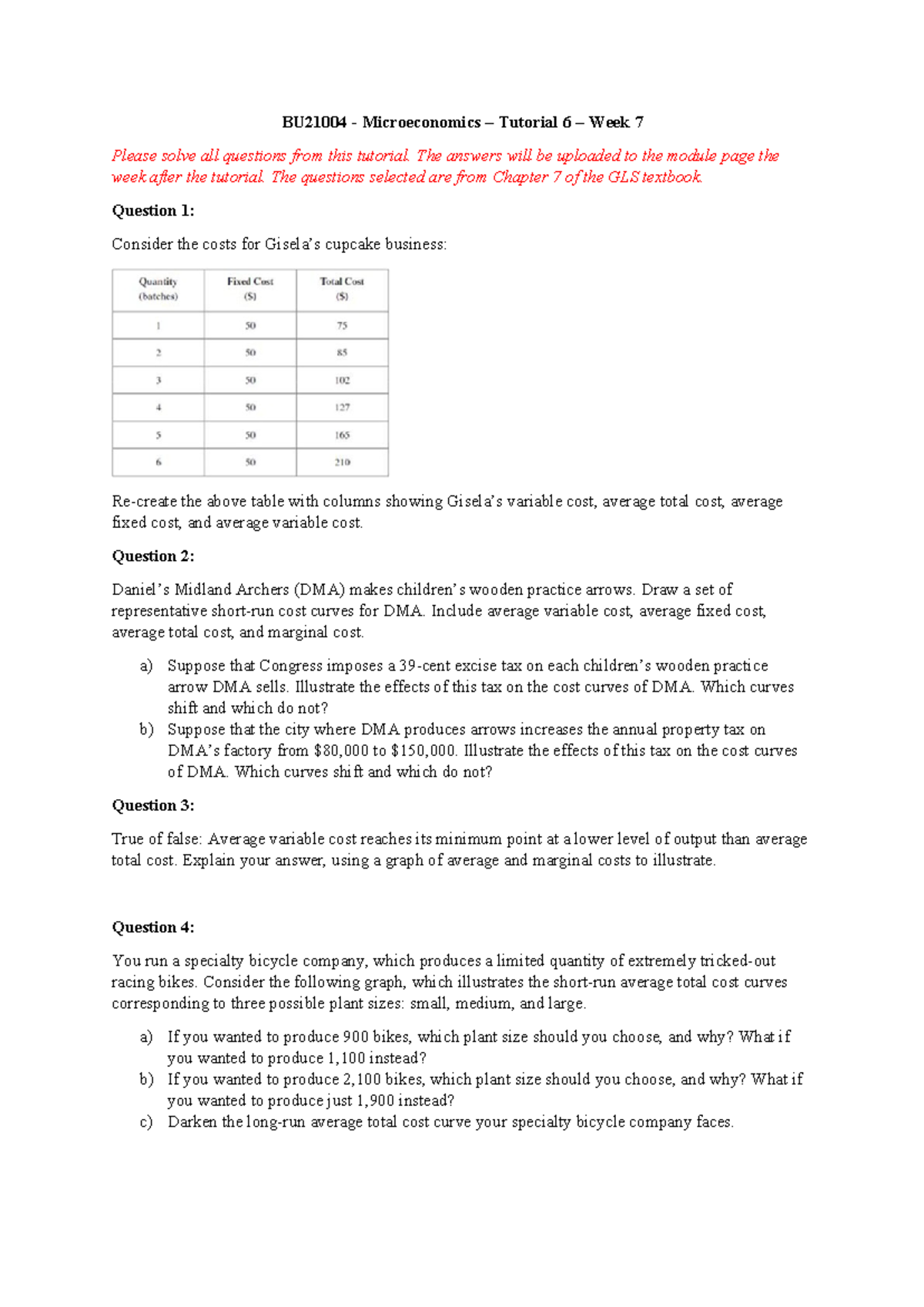 Tut6 - Tutorial - BU21004 - Microeconomics – Tutorial 6 – Week 7 Please ...