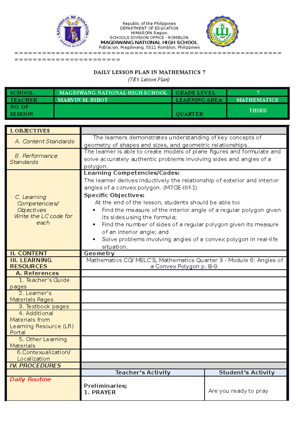 Angle Of A convex polygon - Republic of the Philippines DEPARTMENT OF ...