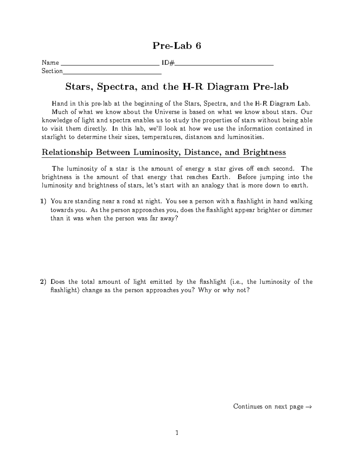 Pl6 - format of the lab - Pre-Lab 6 Name ID# Section Stars, Spectra ...