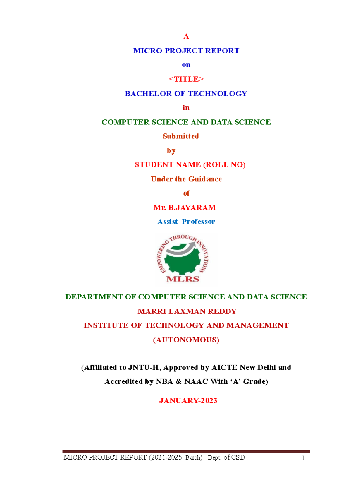 Microproject format - ntng - A MICRO PROJECT REPORT on BACHELOR OF TECHNOLOGY in - Studocu