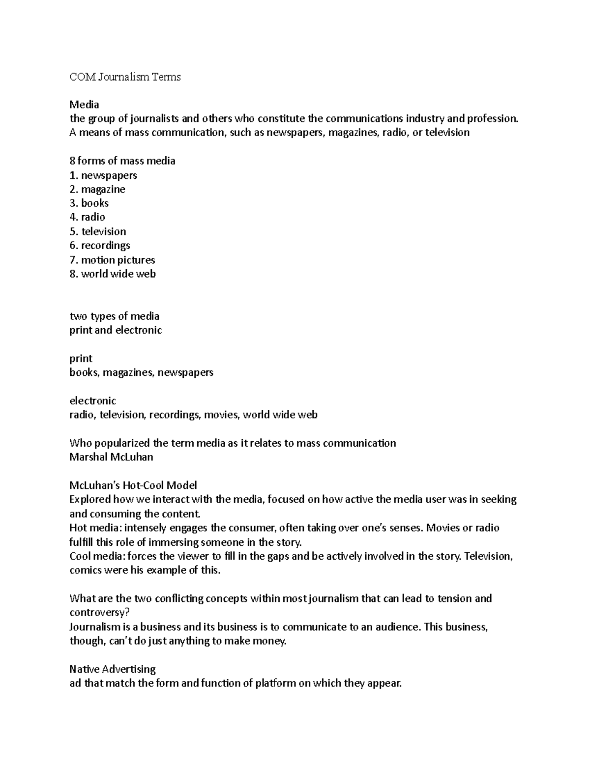 COM Journalism Terms - Lecture notes weeks 5-7 - COM Journalism Terms ...