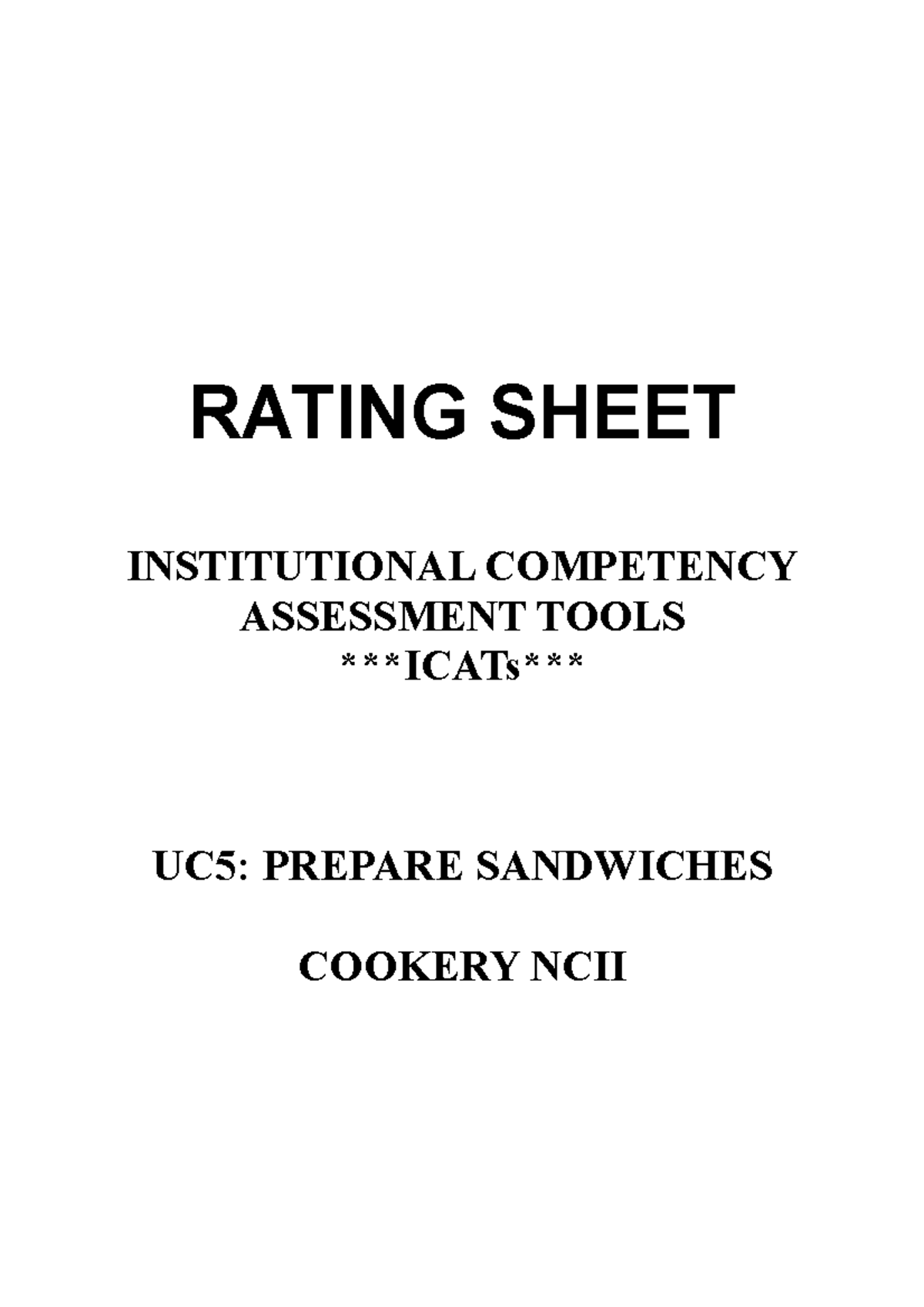 Assessment Tools Cookery NC2 - RATING SHEET INSTITUTIONAL COMPETENCY ...