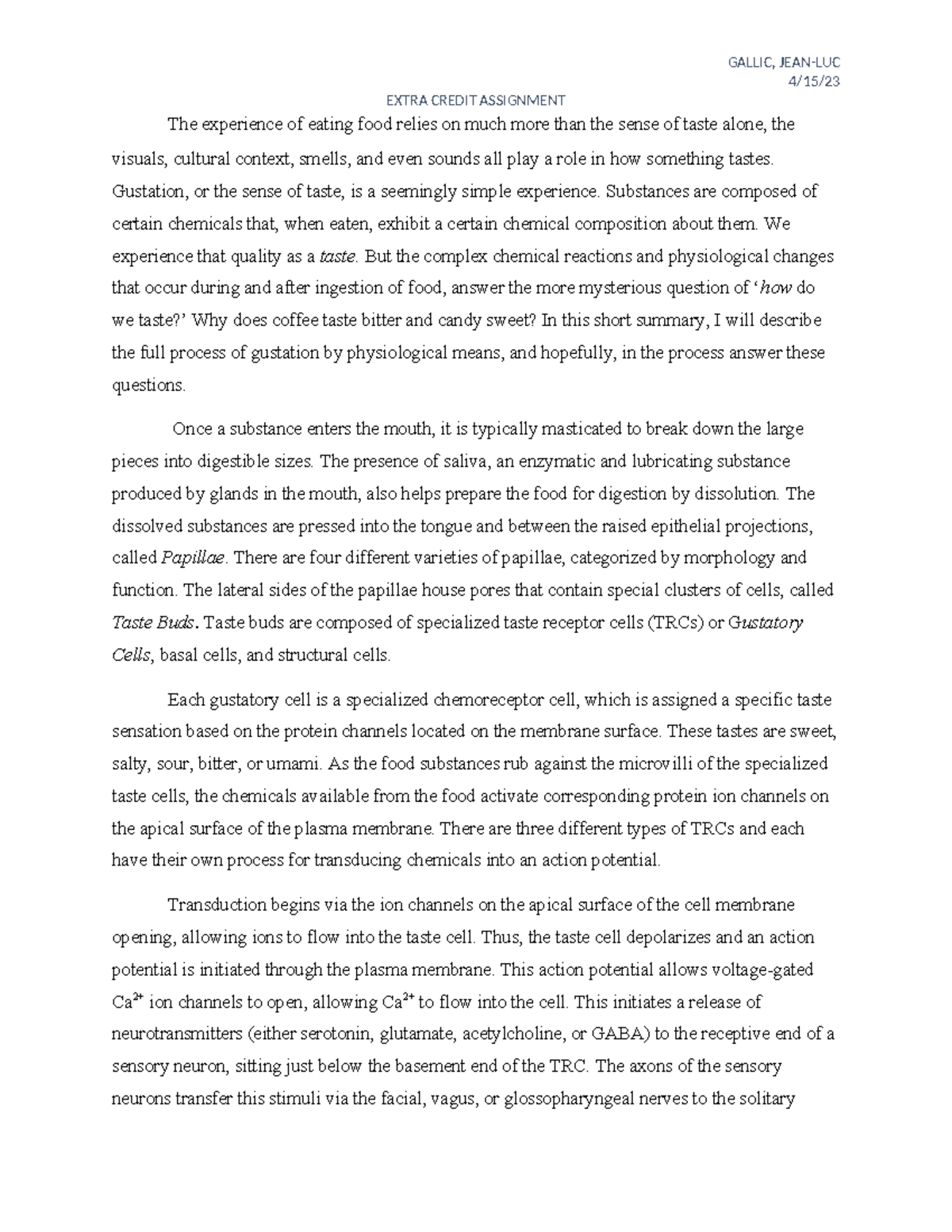 Gustation jgallic - GALLIC, JEAN-LUC 4/15/ EXTRA CREDIT ASSIGNMENT The ...