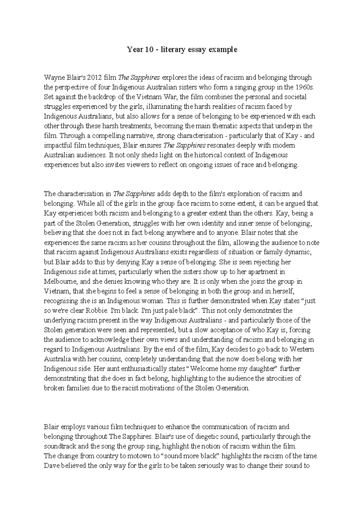 Year 11 - literary essay example - Year 10 - literary essay example ...