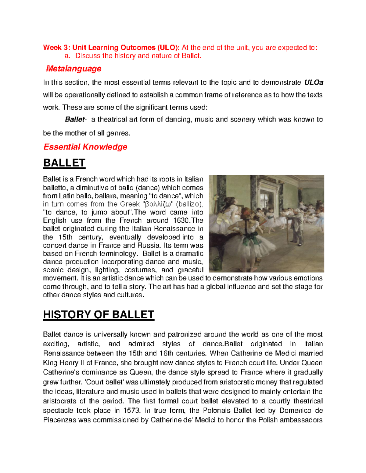 Ballet (An Introduction) - Week 3: Unit Learning Outcomes (ULO): At the ...