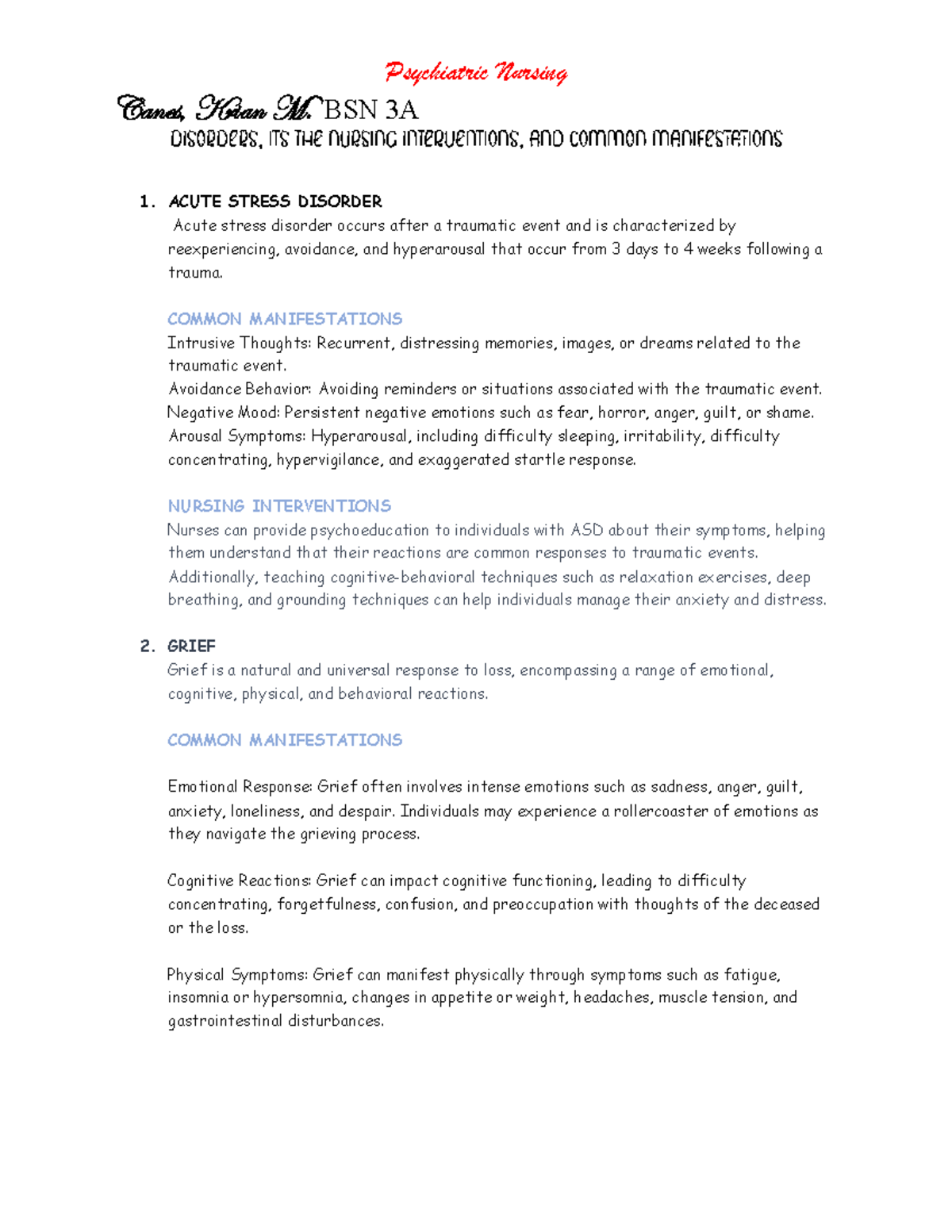 Disorders Canes 3A - Psychiatric nursing - Canes, Krian M. BSN 3A 1 ...