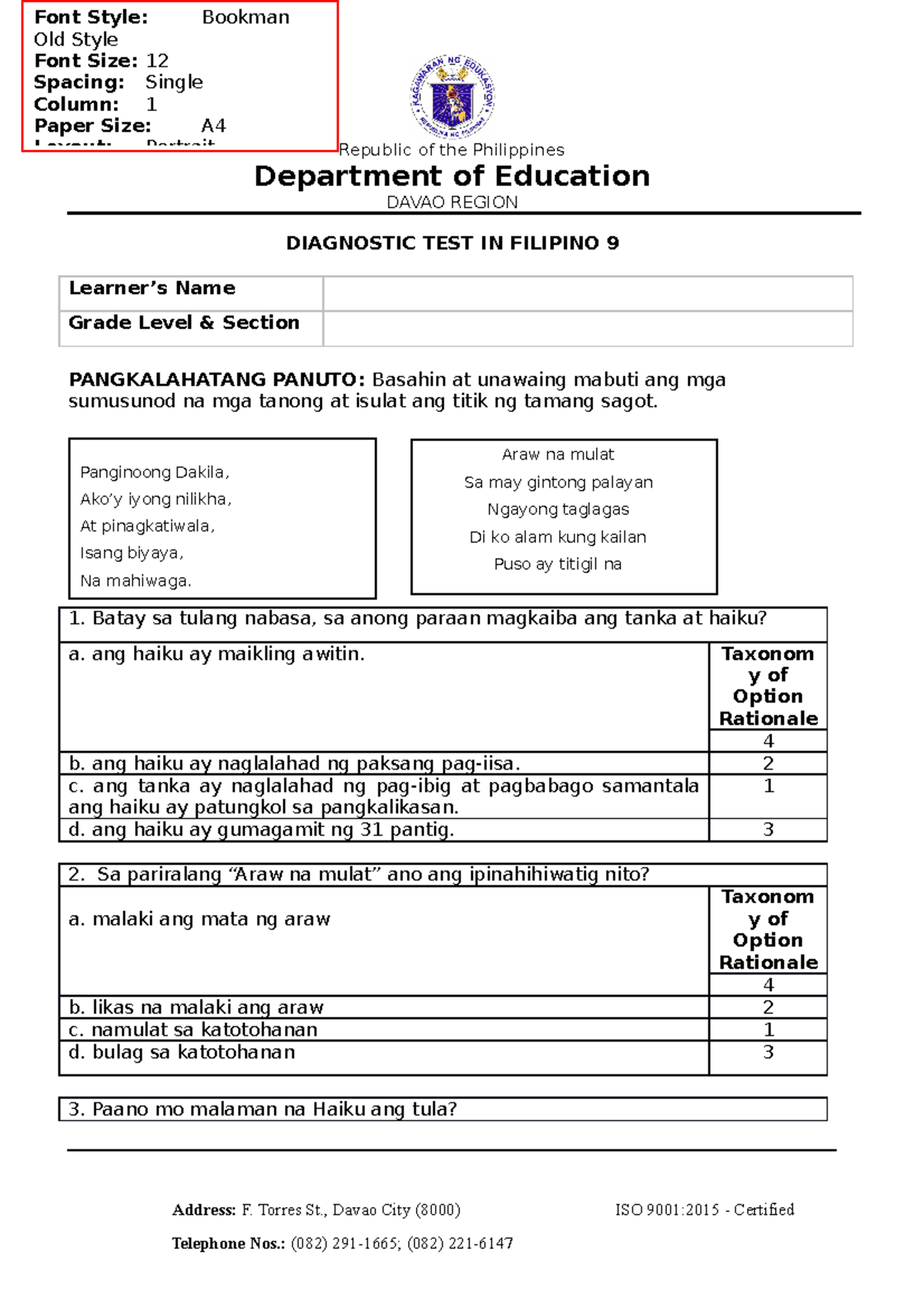 Test Question Filipino 9 - Republic of the Philippines Department of ...