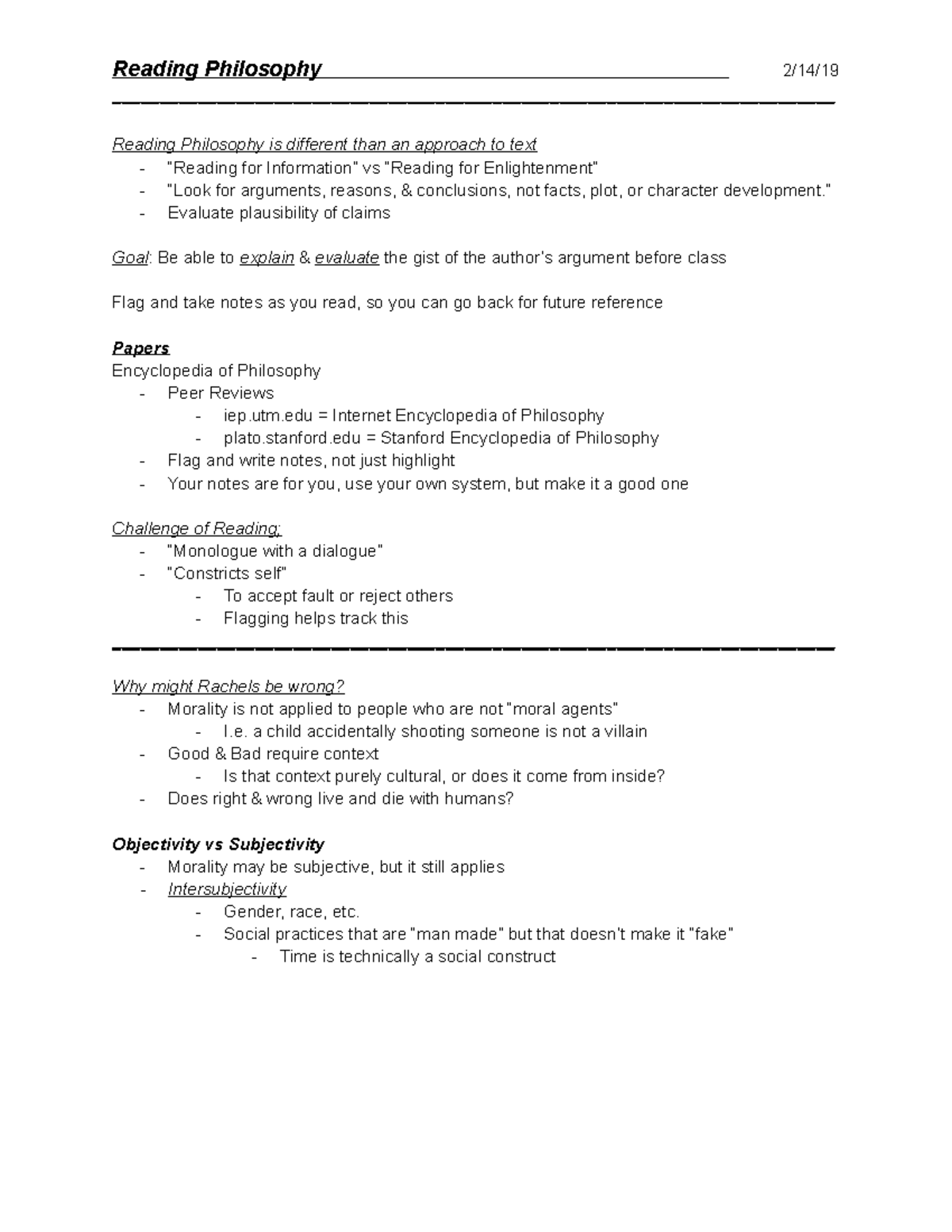 2 14 19 - Reading Philosophy - Reading Philosophy 2/14/ - Studocu