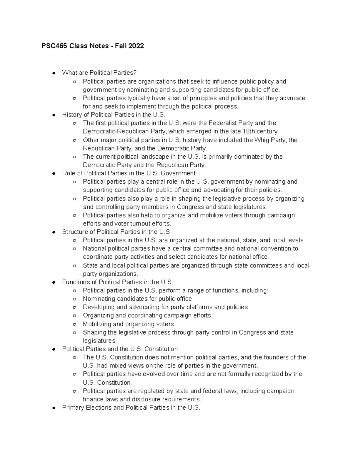 PSC465 Class Notes - Political parties typically have a set of ...