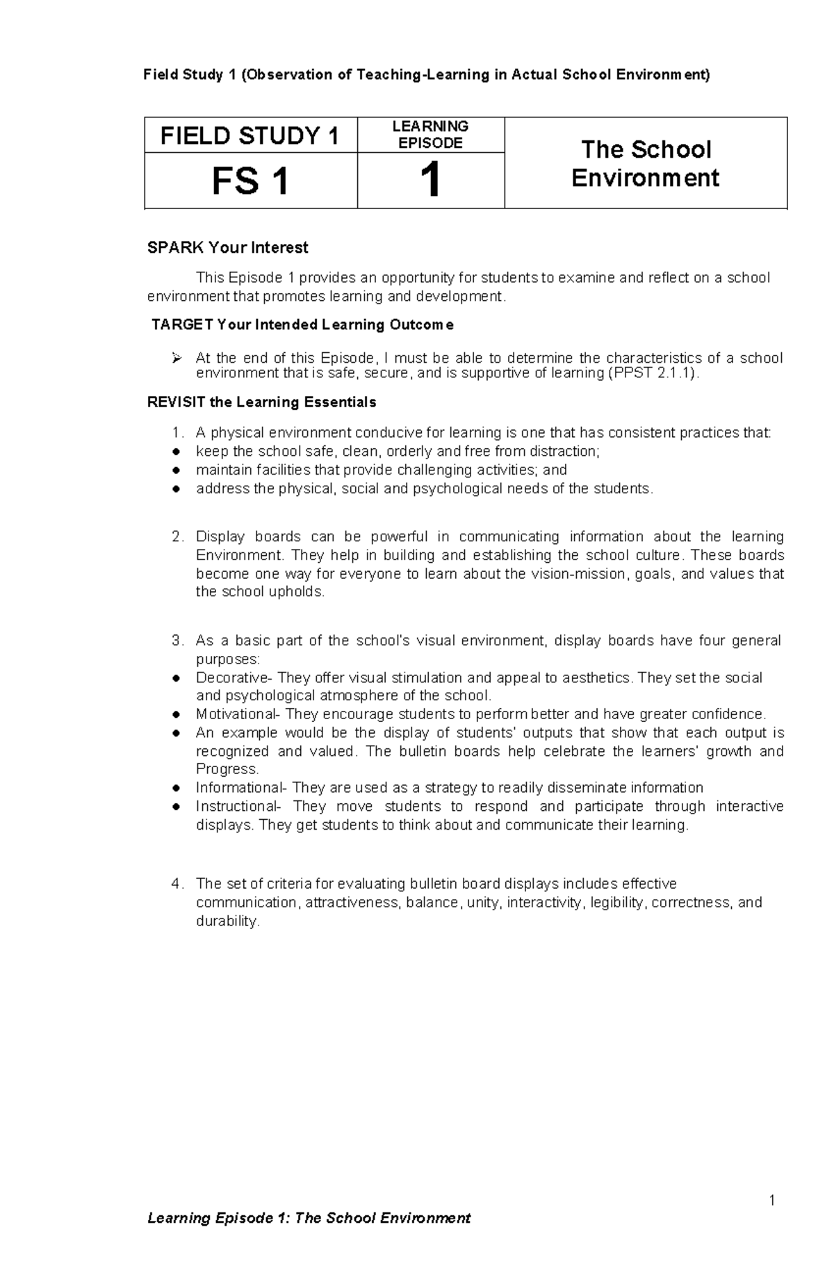 EP1 FS1 The-School-Environment - 1 FIELD STUDY 1 LEARNING EPISODE The ...