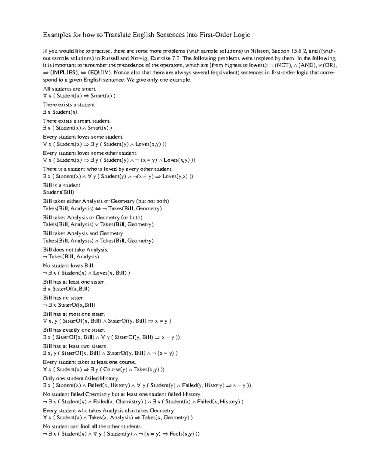 Practice material for converting sentences to FOL - Examples for how to ...