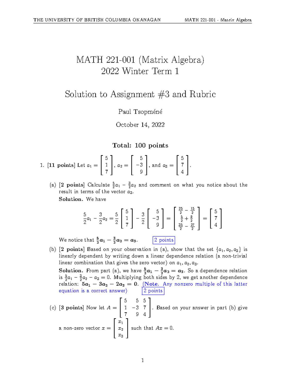 Solution 221 Assignment #3 W2022-T1 Rubric - MATH 221-001 (Matrix ...