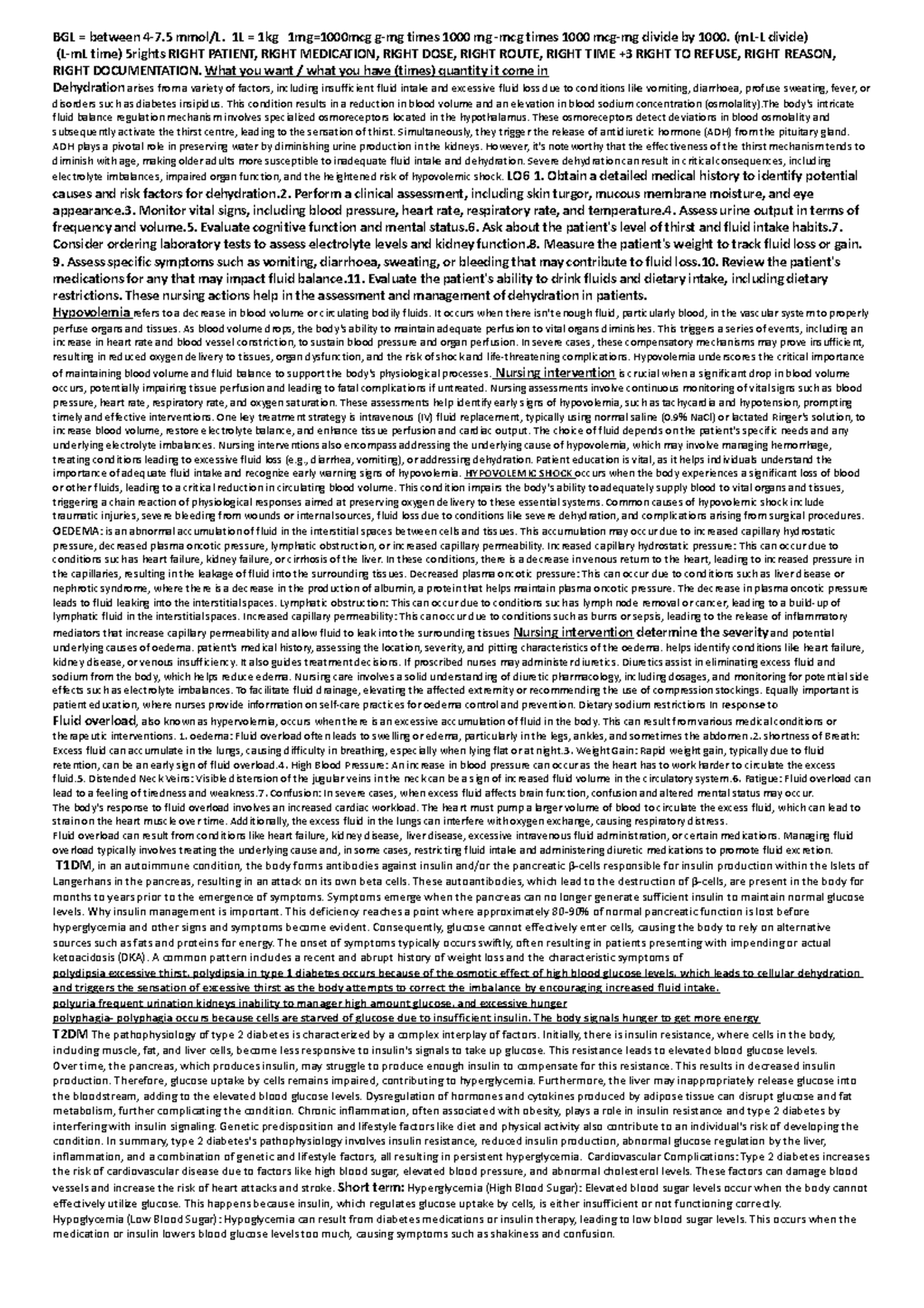 Cheat sheet - BGL = between 4-7 mmol/L. 1L = 1kg 1mg=1000mcg g-mg times ...