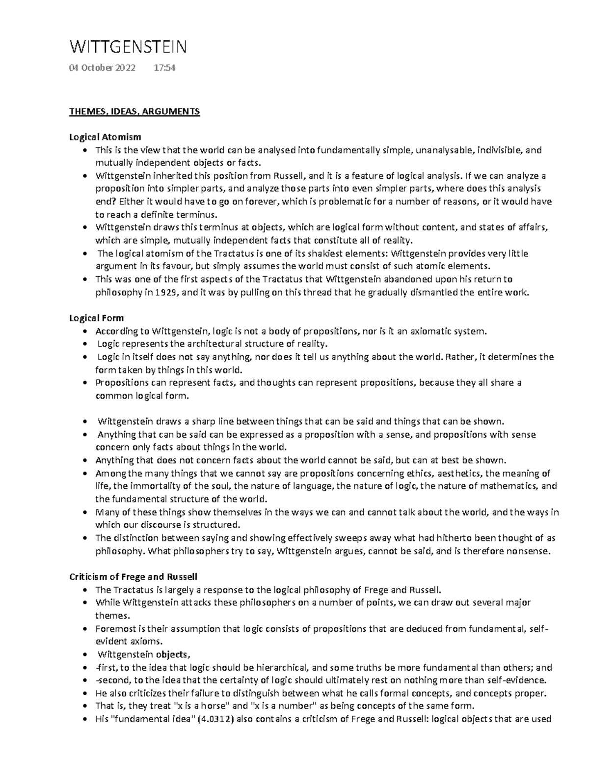 Wittgenstein - notes - THEMES, IDEAS, ARGUMENTS Logical Atomism This is ...